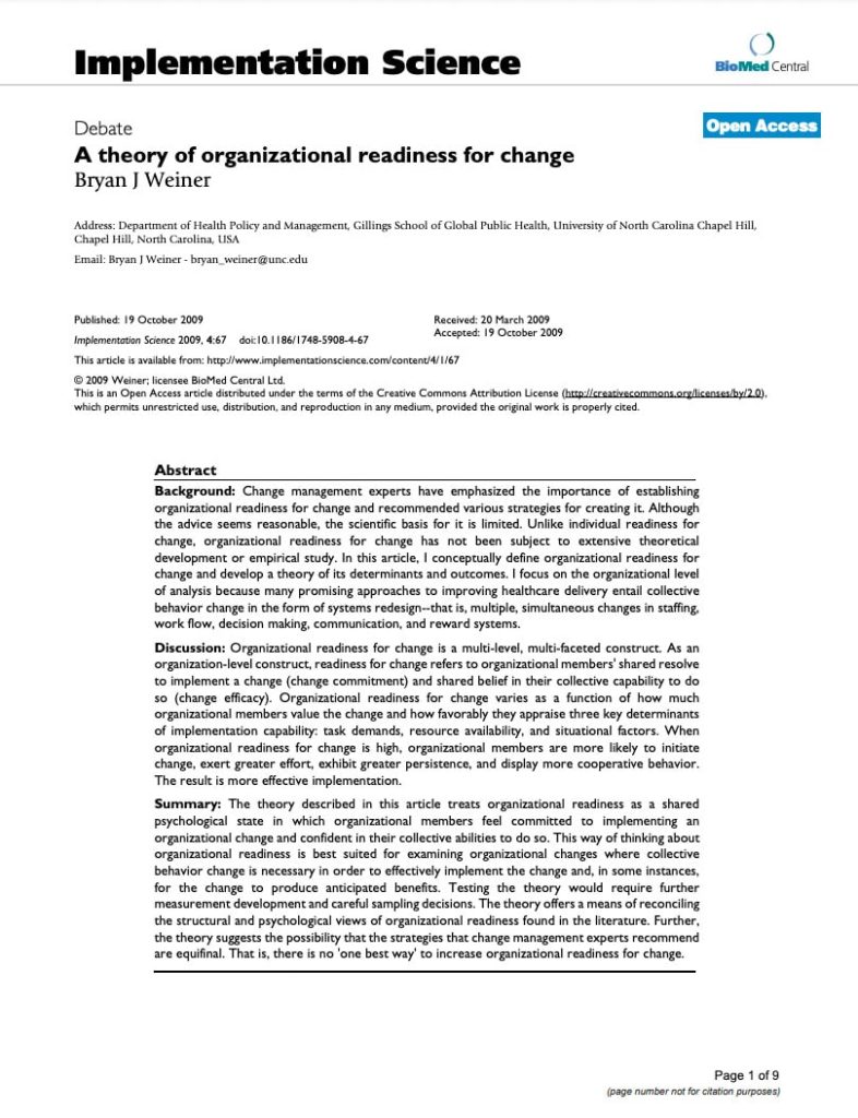 A theory of organizational readiness for change – Change Management by ...