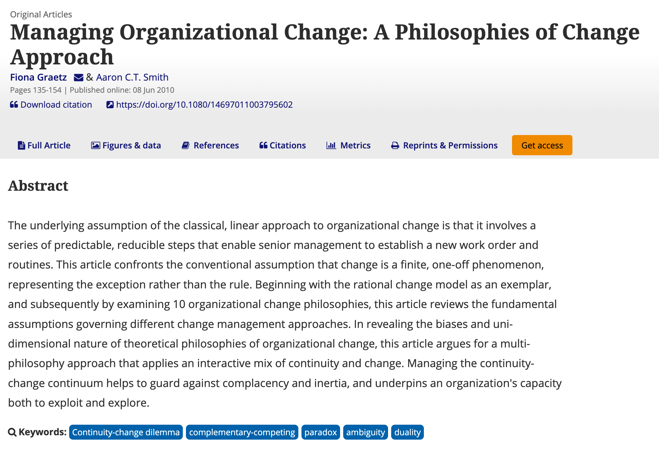 Managing Organizational Change: A Philosophies of Change Approach ...